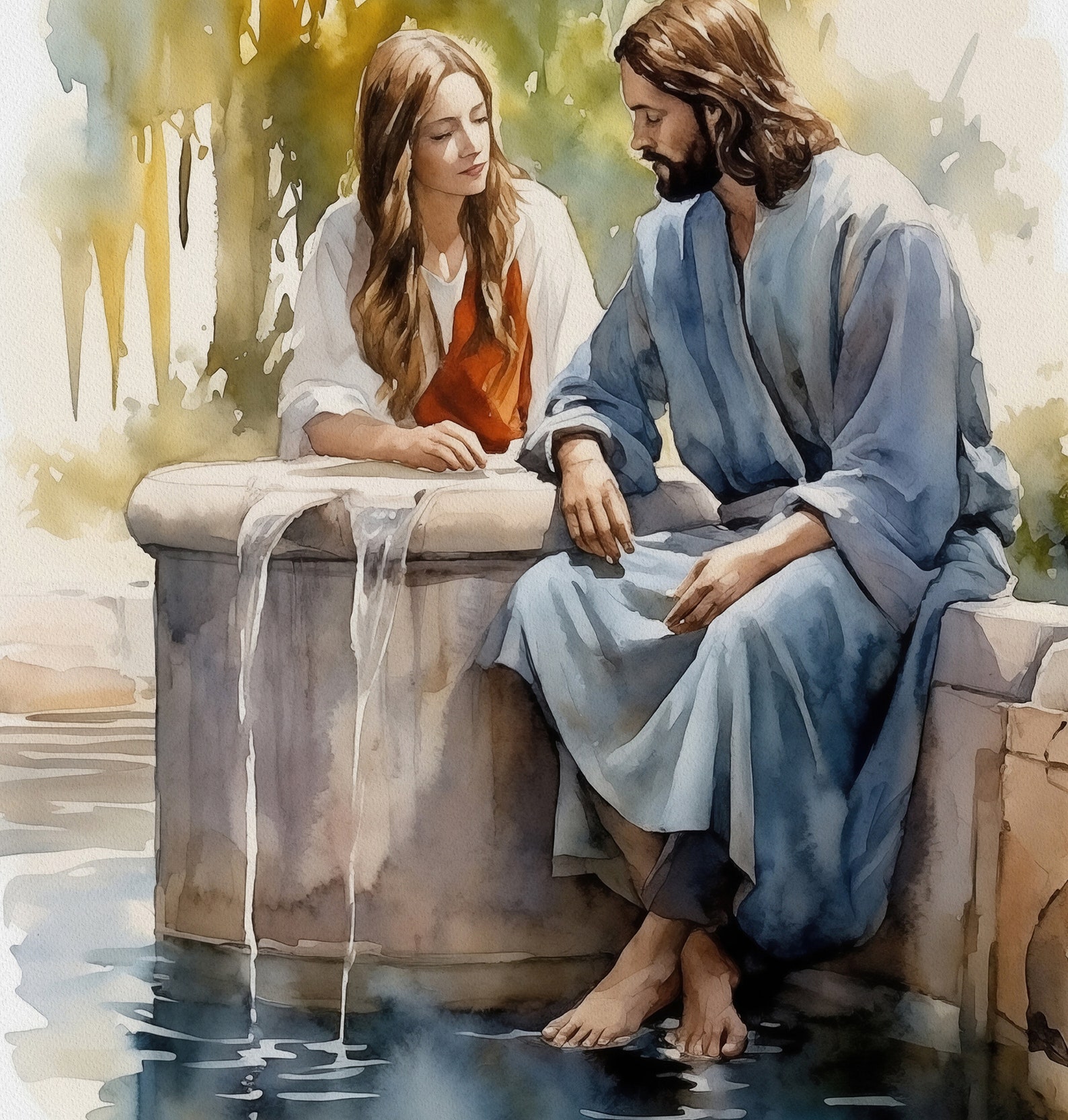 Jesus and Samaritan Woman at the Well, John 4, Christian Watercolor ...