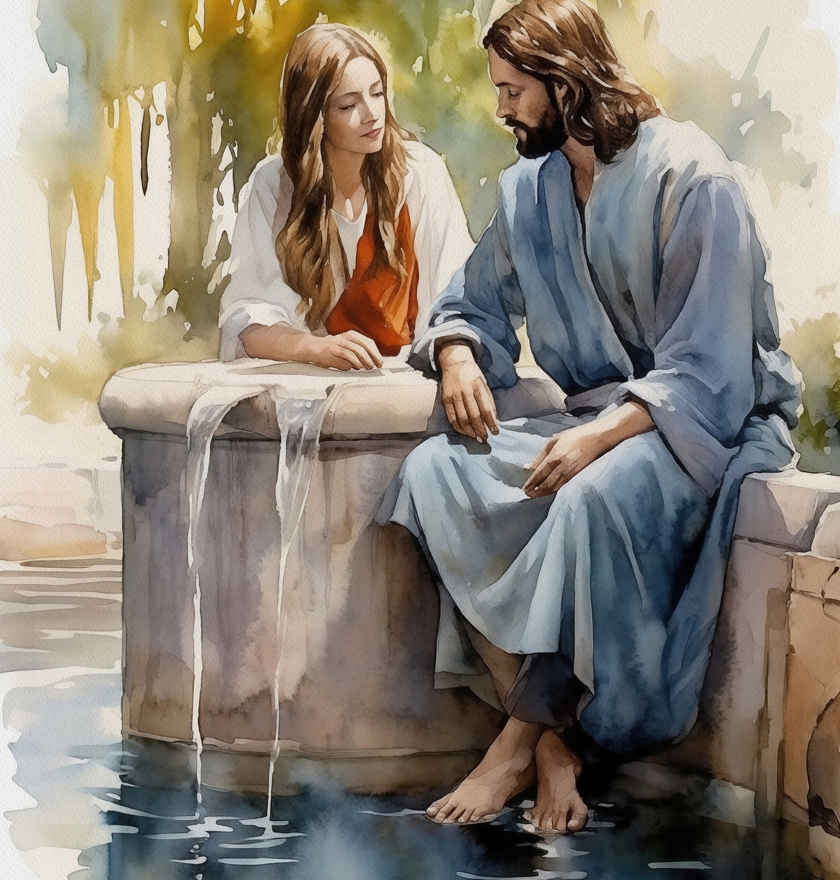 Jesus and Samaritan Woman at the Well, John 4, Christian Watercolor ...