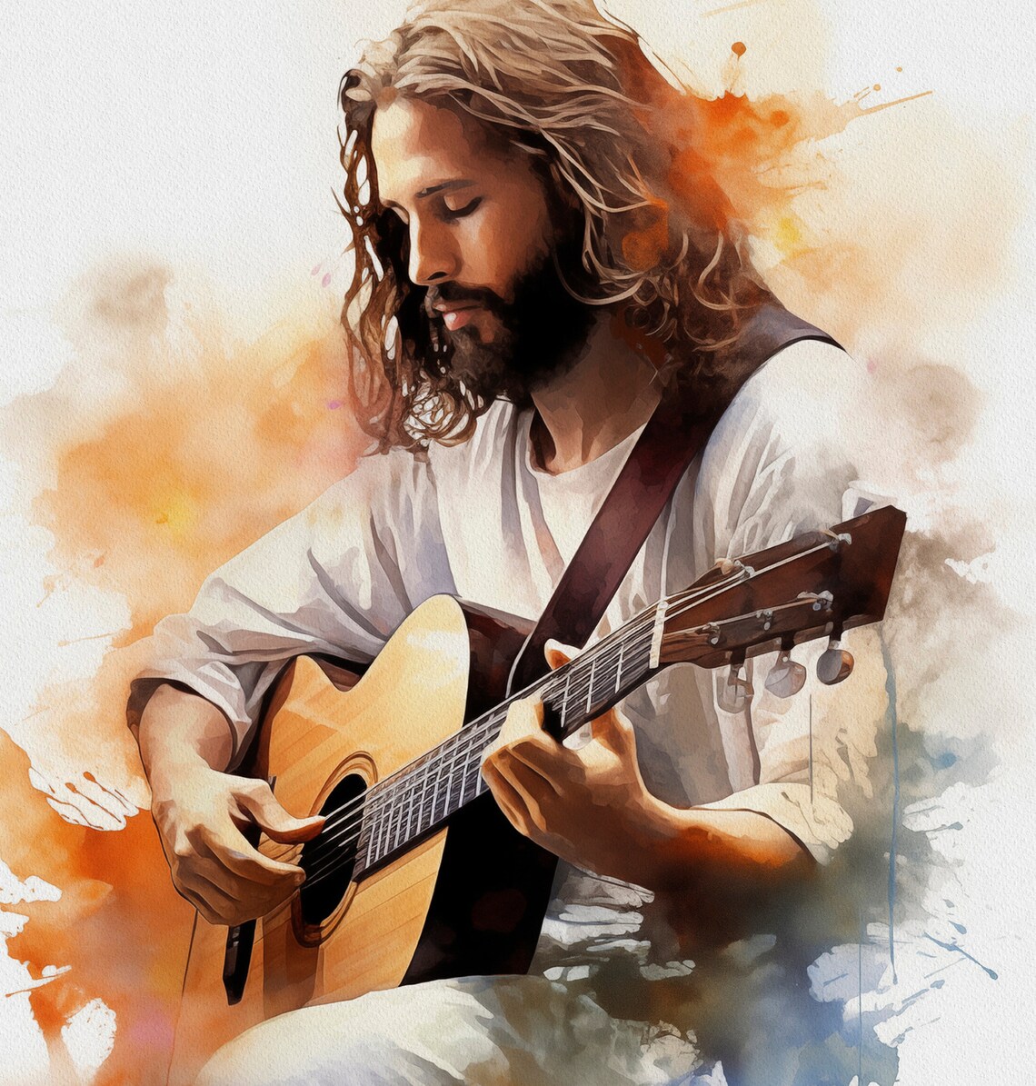Jesus Playing Guitar, Music Lover Gift Idea, Fun Christian Watercolor ...