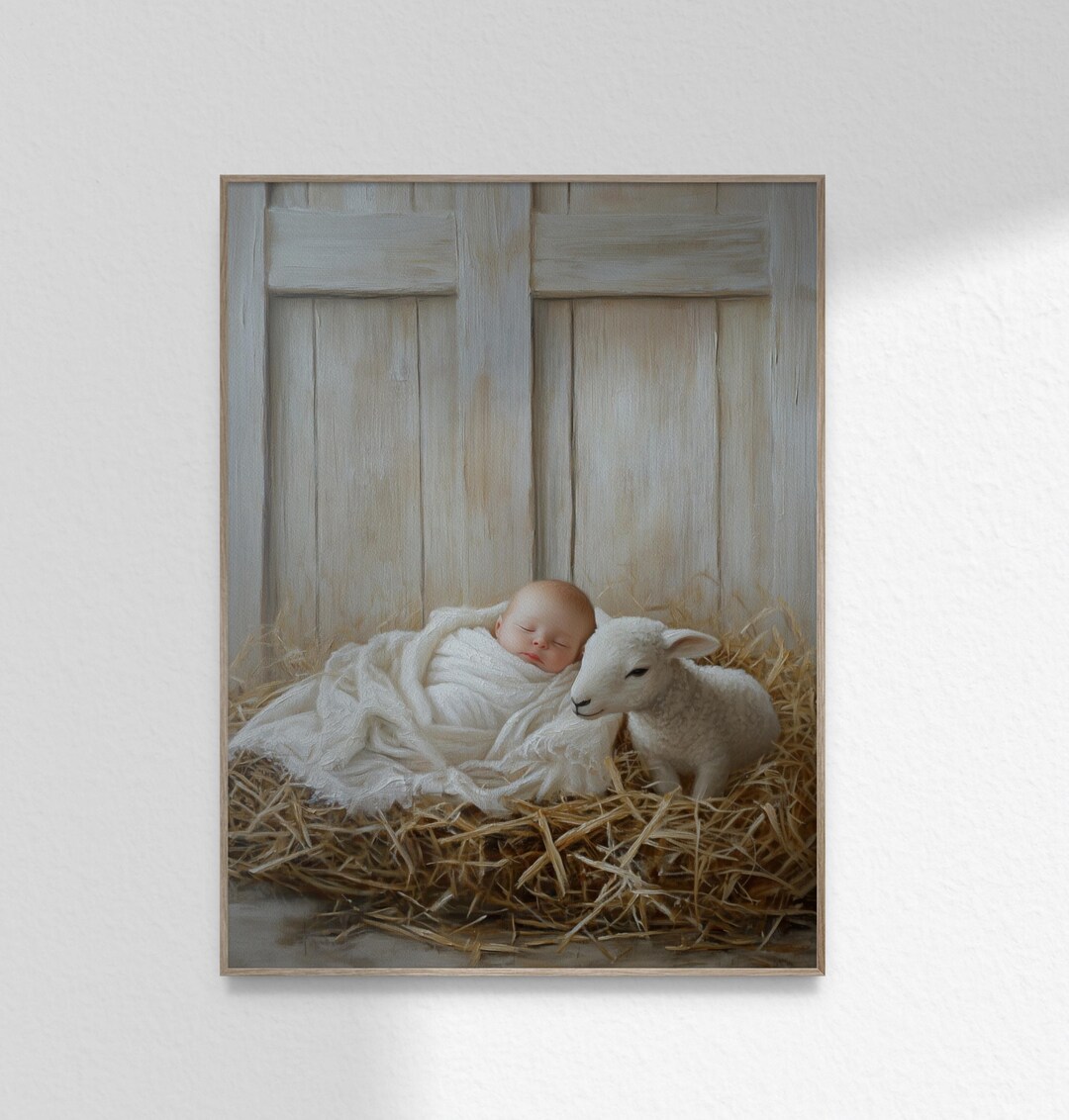 Baby Jesus in a Manger With Lamb, Birth of Christ Nativity Christian ...