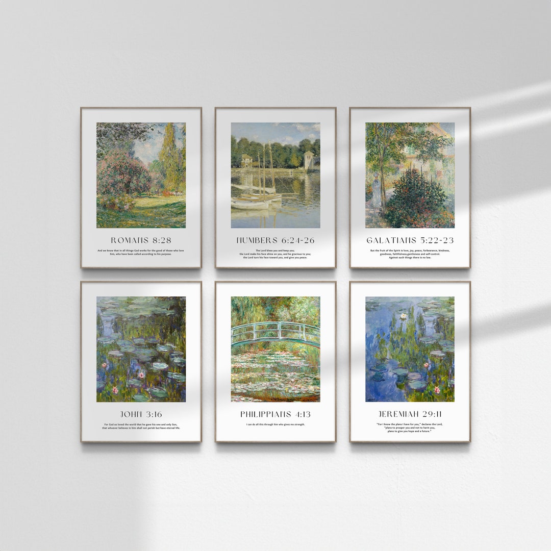 Christian Wall Art Set of 6 Bible Verse Quotes Scripture Monet Painting ...