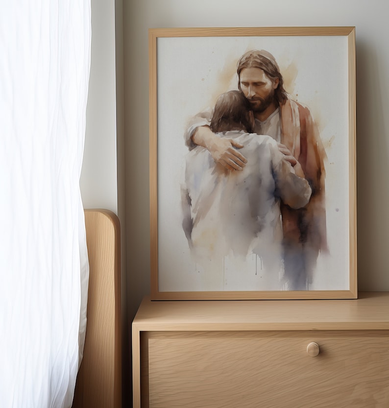Jesus Hugging Man Jesus Holding a Man Watercolor Painting Christian ...