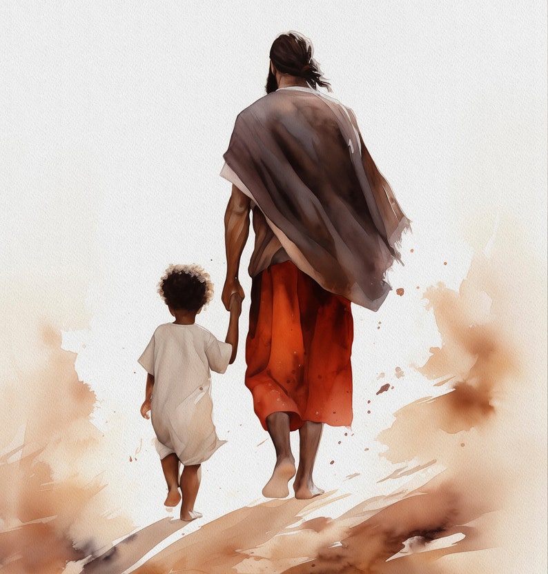 Black Jesus Christ Walking With a Child Print Jesus With Black Boy Art ...