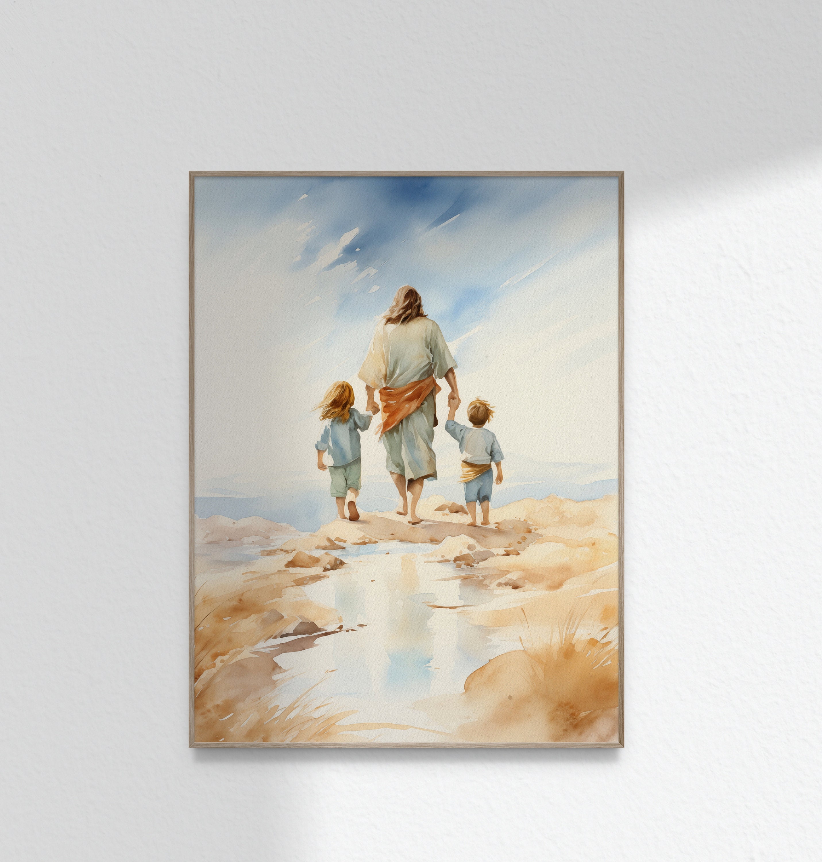Walk Beside Me, Jesus Christ Walking With Two Children, Nursery Bible ...