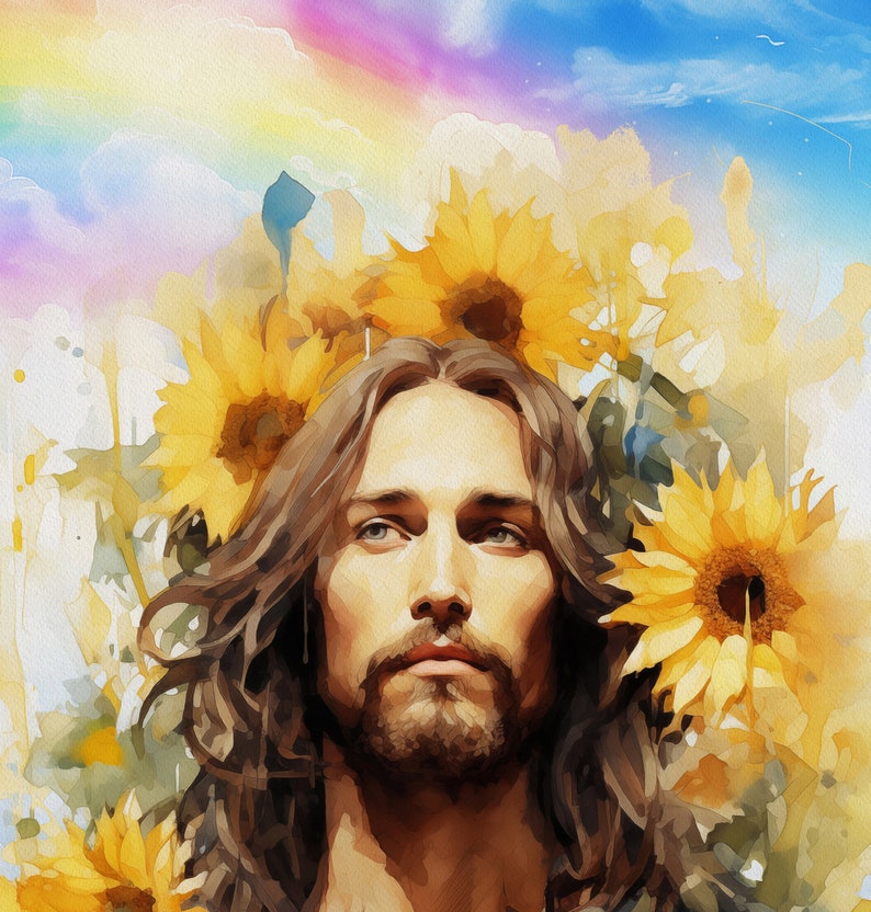 Jesus Christ With Rainbow & Sunflowers, Watercolor Painting, Modern ...