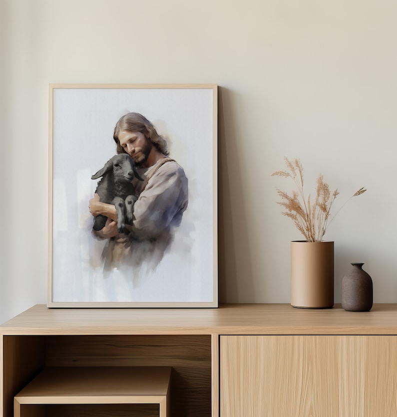 Jesus With a Black Lamb Christ With Lamb Christ Holding Black Sheep ...