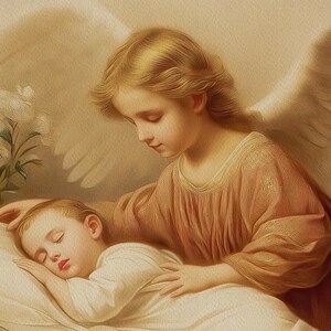 Angel Watching Over Sleeping Baby Child, Christian Painting Vintage ...