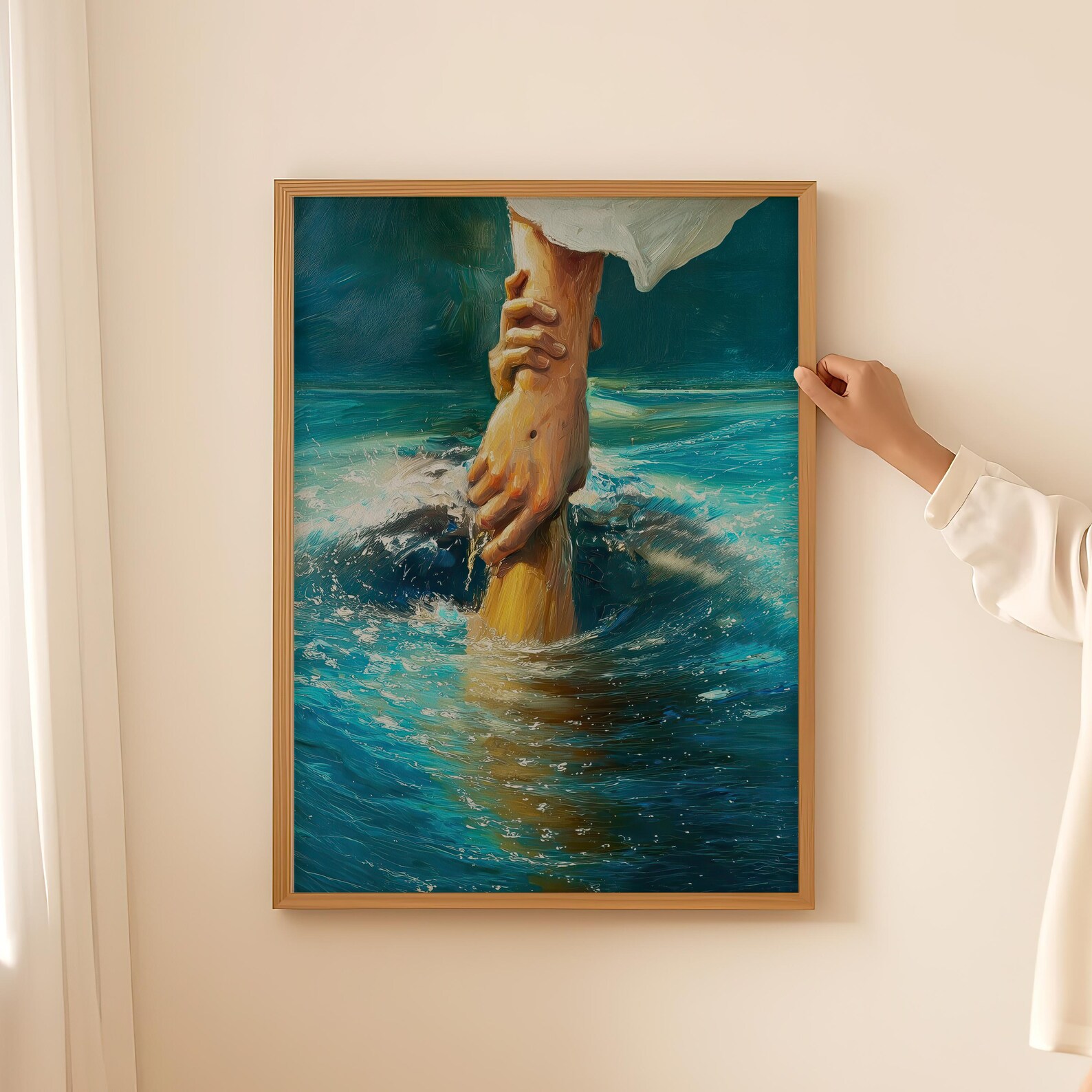 Jesus Reaching Into Water Saving Peter From Drowning Painting Hand ...