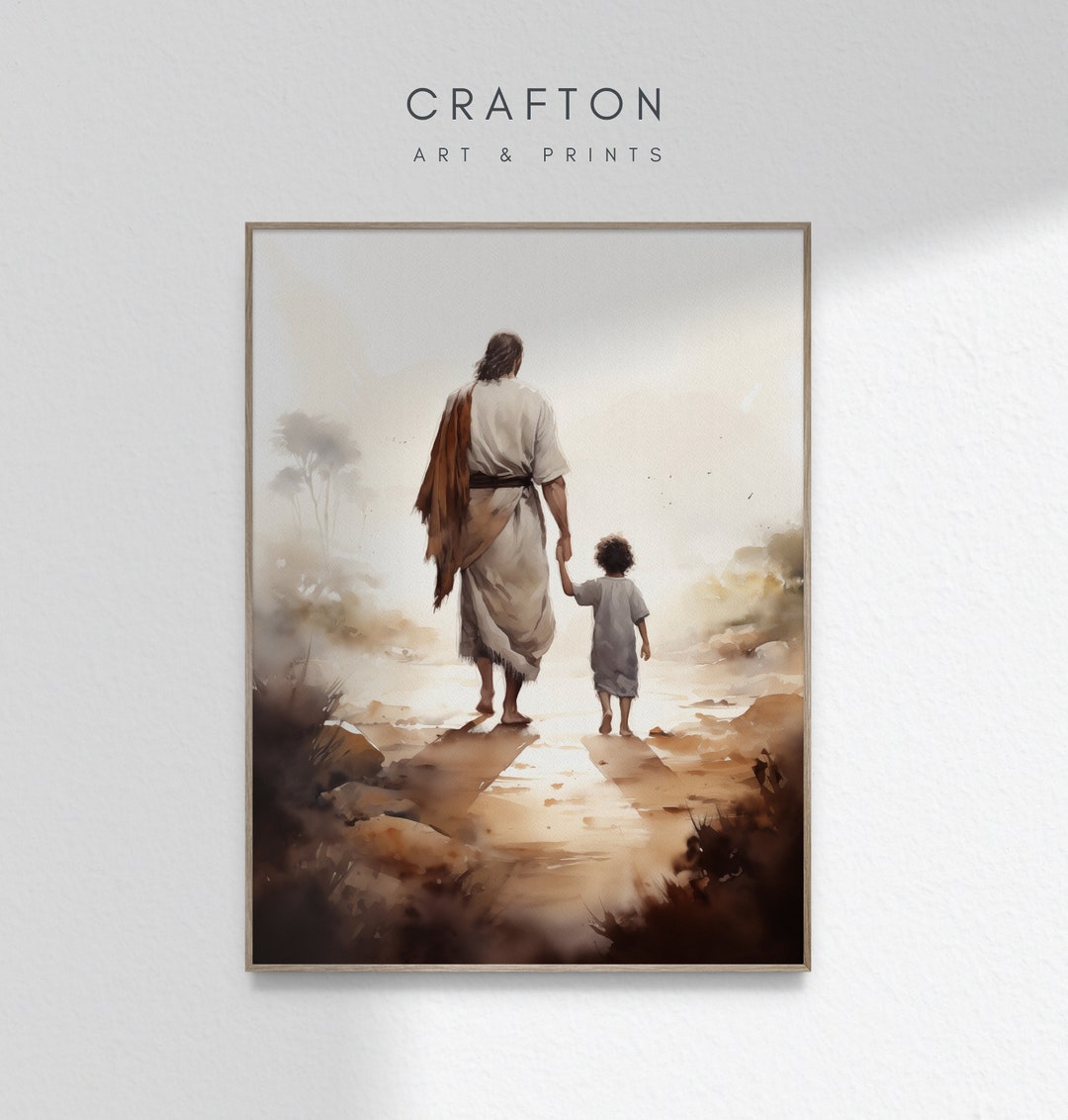 Jesus Christ Walking With Curly Haired Child, Walk Beside Me, Nursery ...