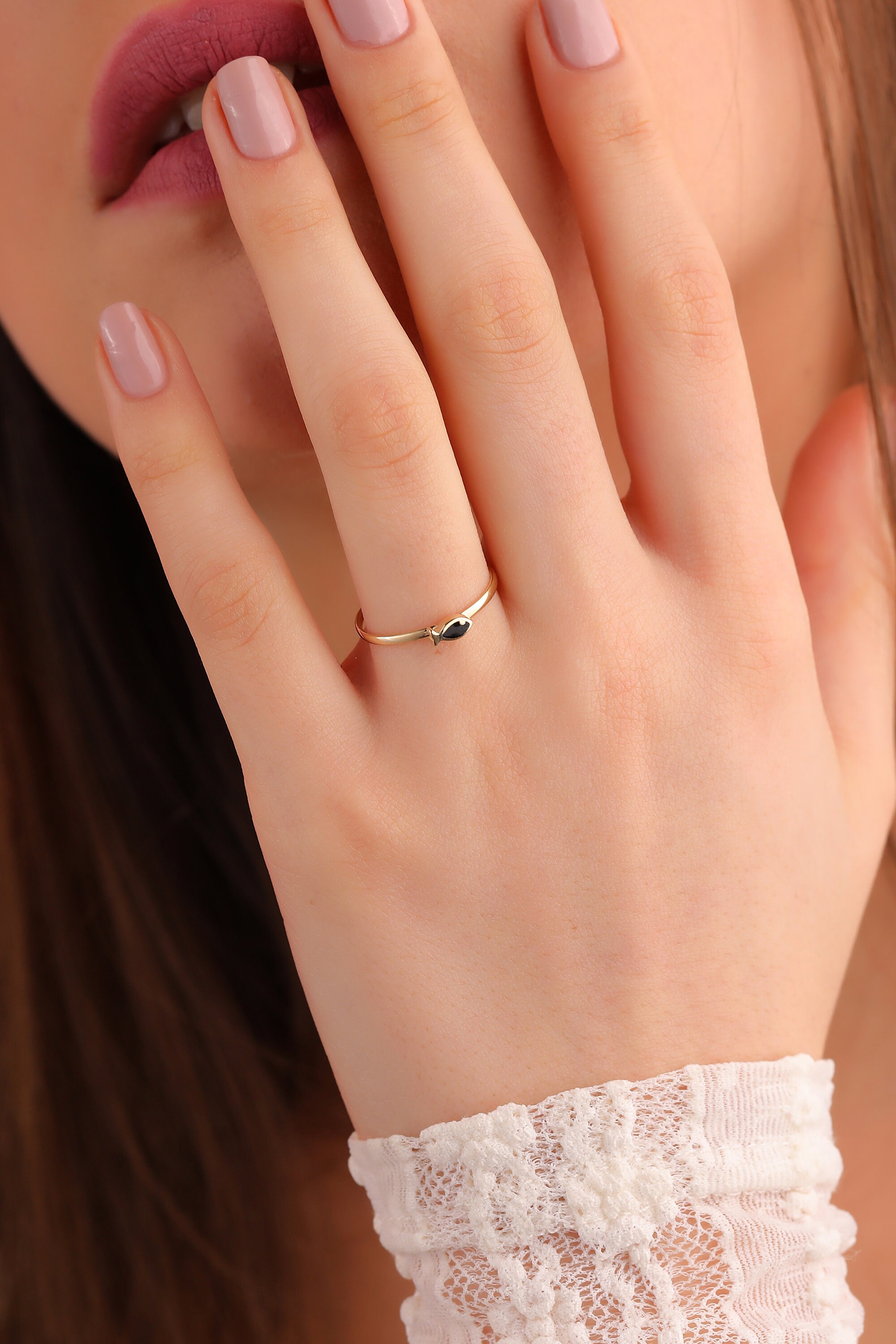 Solid Gold Fish Ring, Elegant Gold Jewelry for Women, Gold Black Ring ...
