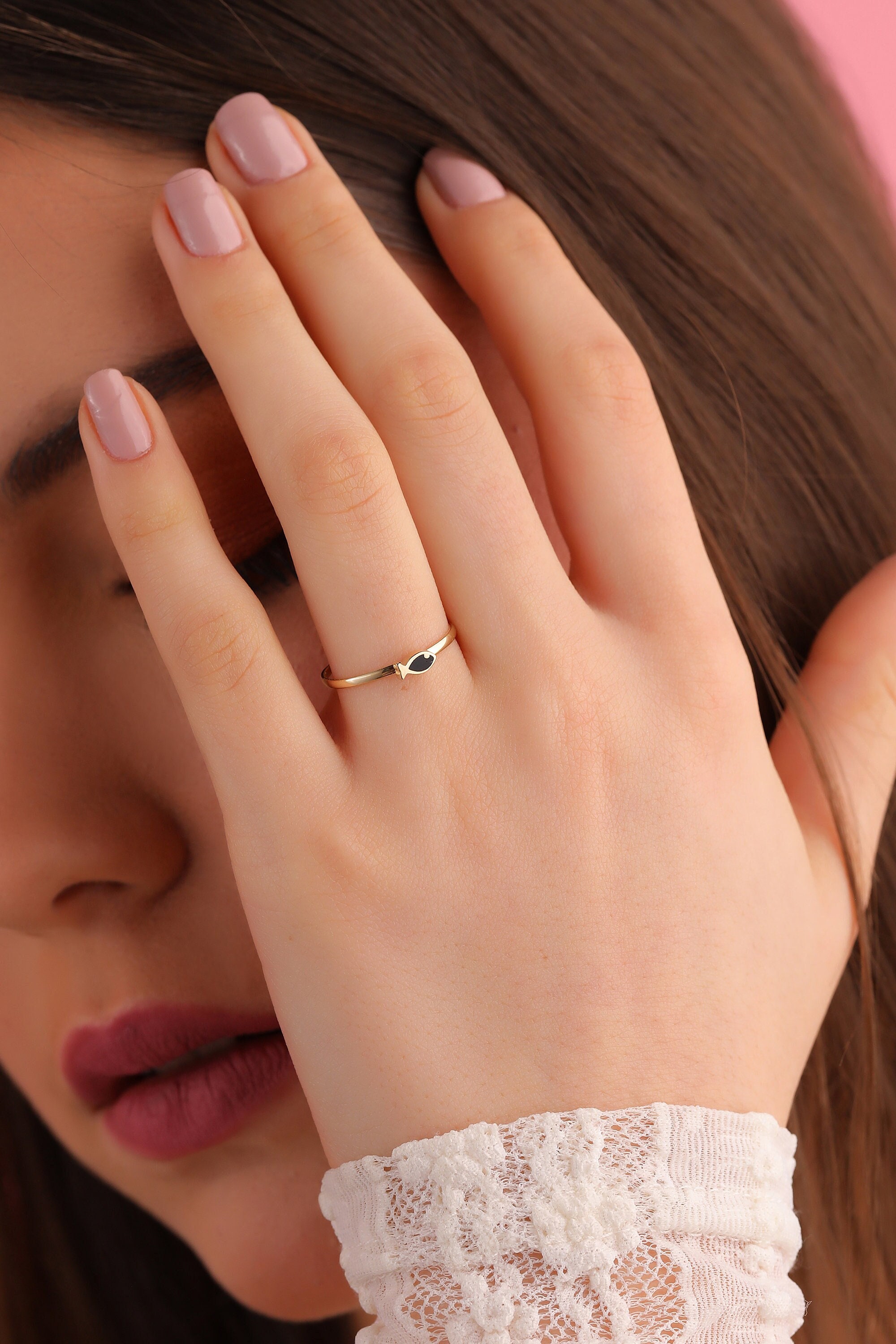 Solid Gold Fish Ring, Elegant Gold Jewelry for Women, Gold Black Ring ...