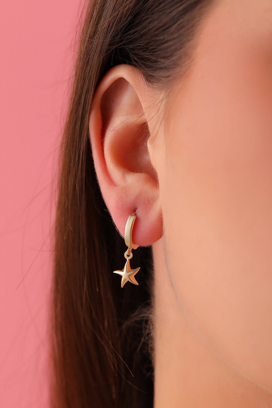 Solid Gold Star Symbol Earrings, 14K Real Gold Elegant Jewelry, Women ...