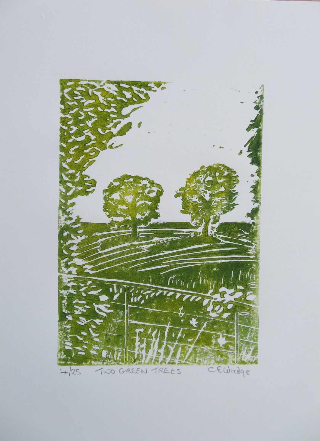 Two Green Trees. Handmade Linocut Print Numbered Signed Limited Edition ...