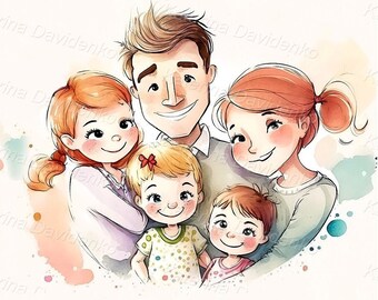 Cartoon Family Clipart Happy Family With Two Children and a - Etsy