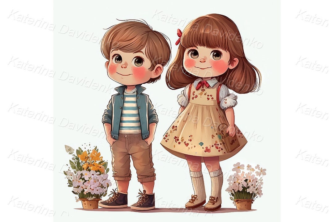 Portrait of Cute Cartoon Little Boy and Girl Standing Together ...