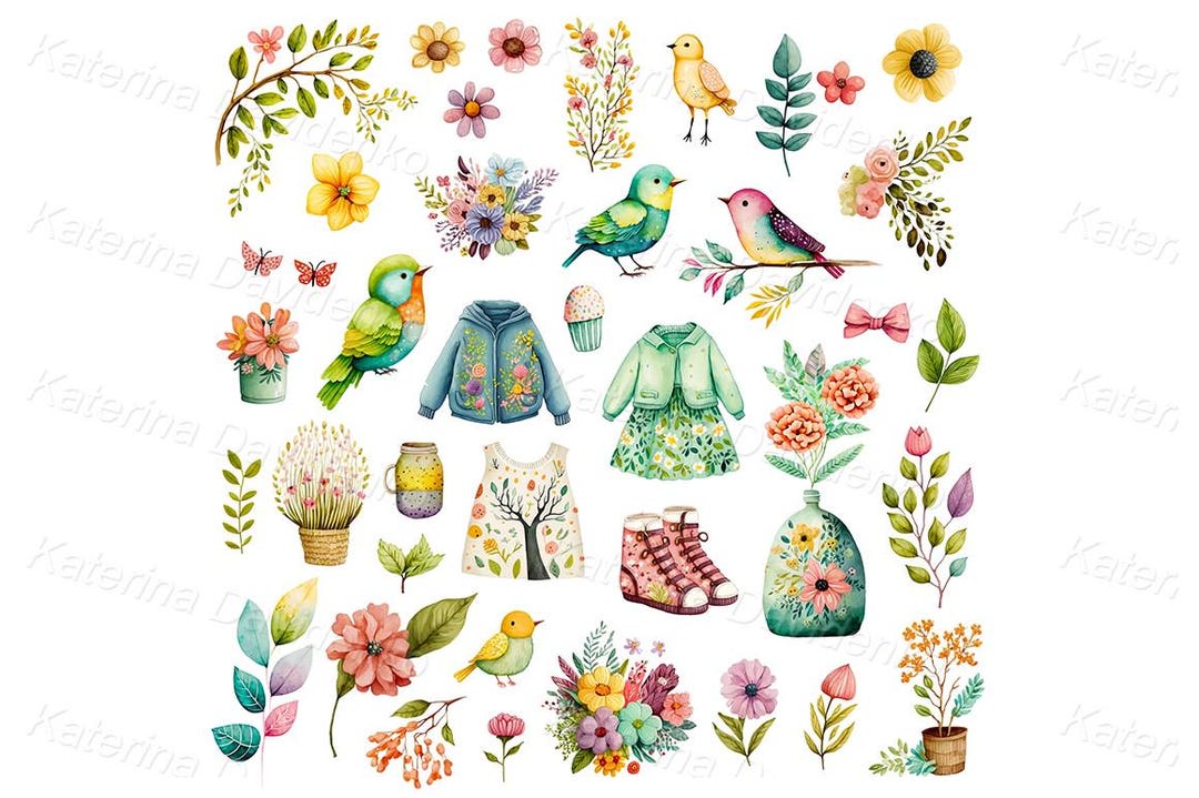 Spring Clipart Set, Birds Flowers and Cute Spring Elements PNG - Etsy