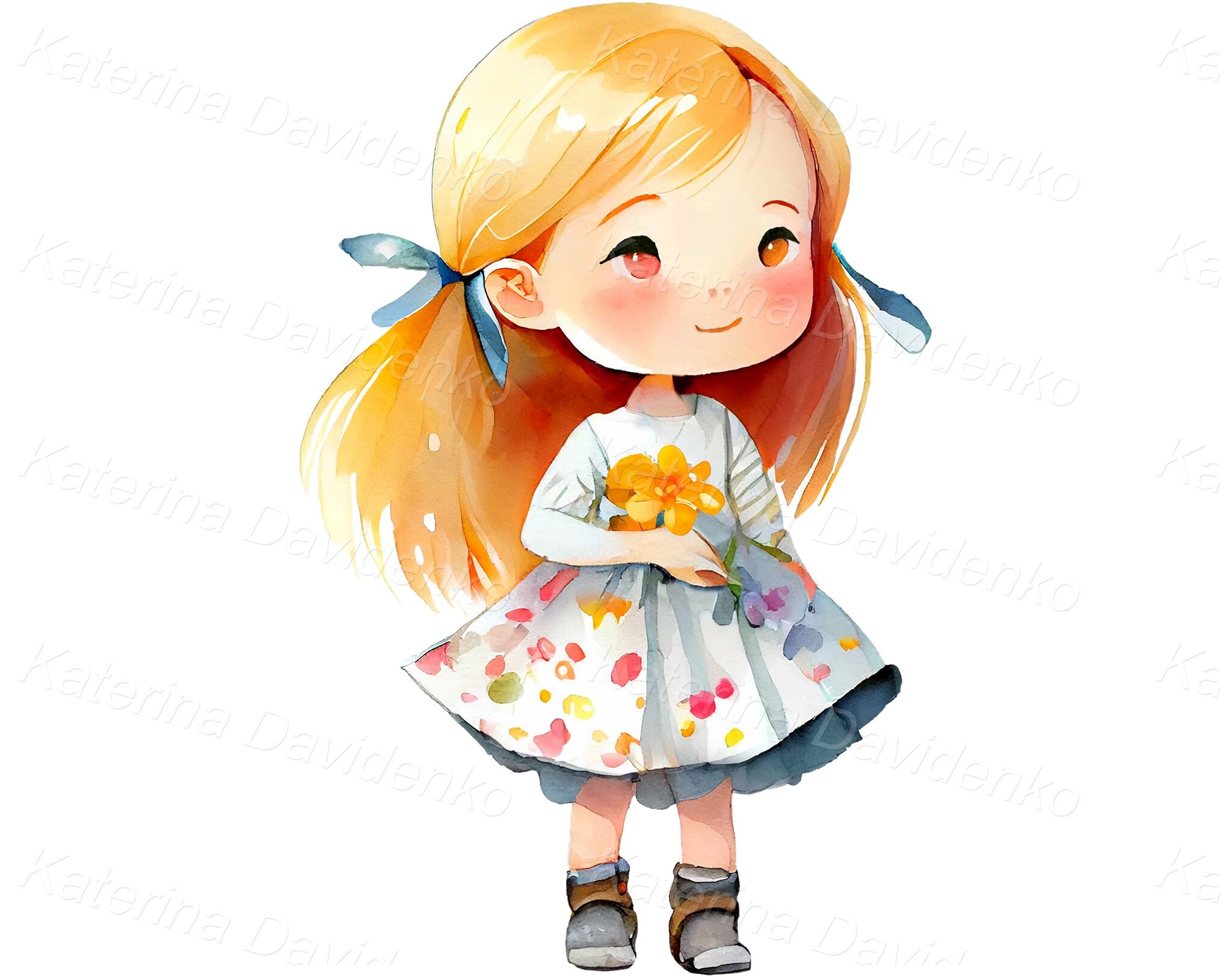 Cute Cartoon PNG Clipart Set of Little Girl, Flowers, Kitty and ...