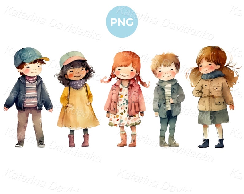 Smiling Little Cartoon Happy Kids Standing in a Row. Watercolor ...