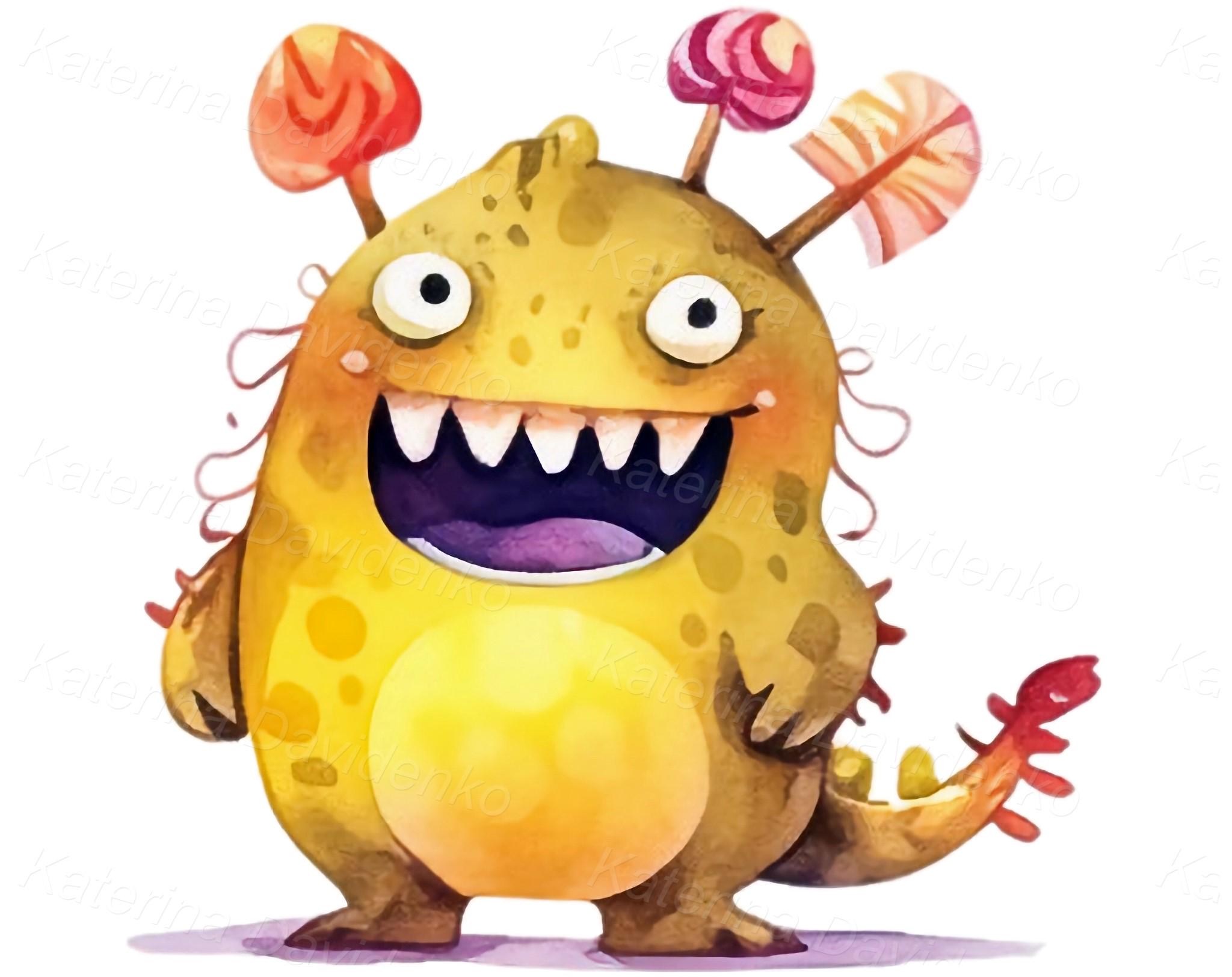 Cute Watercolor Monster Clipart Set, Funny Cartoon PNG (digital ...