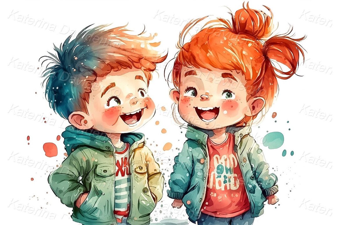 Watercolor Happy Little Cartoon Children Clipart. Laughing Little Kids ...