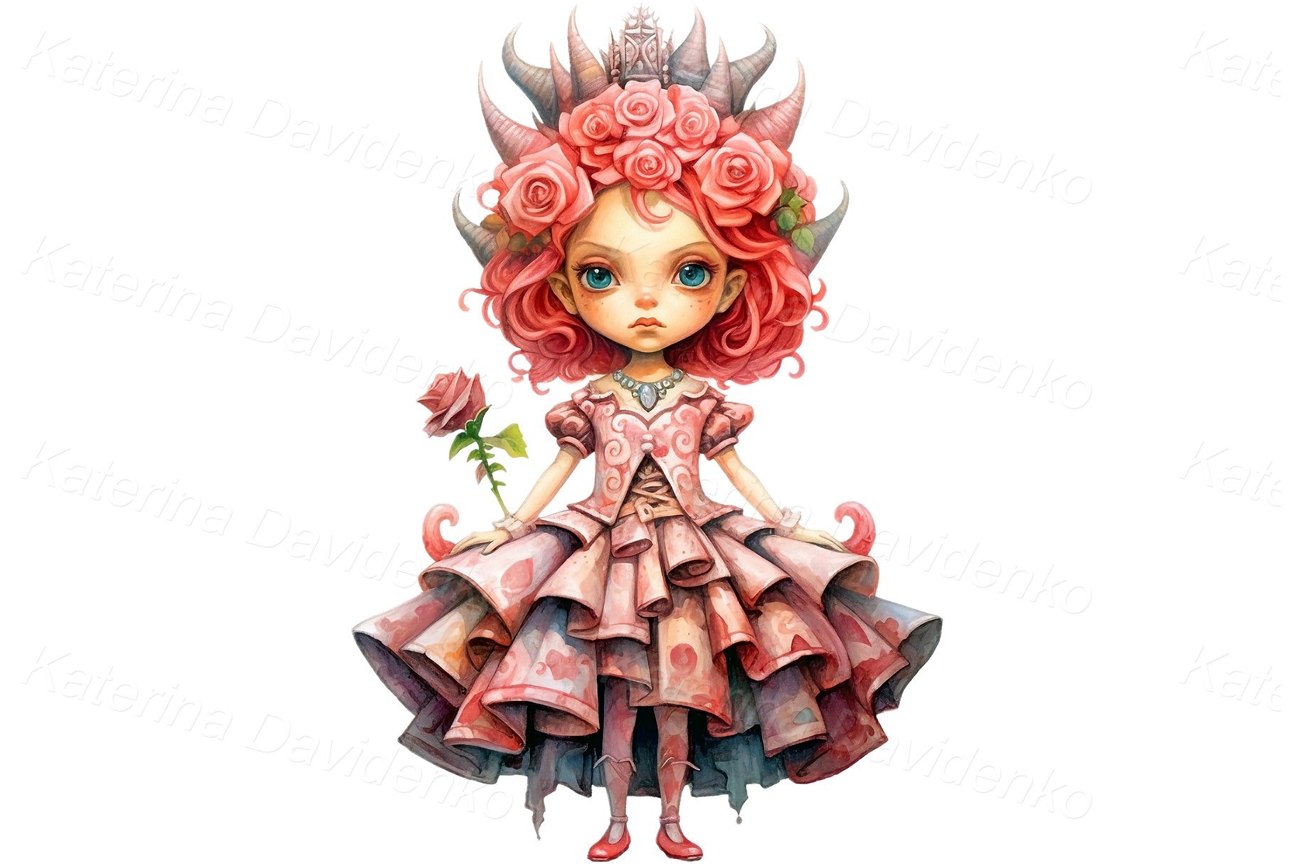 Set of Cartoon Little Princesses With a Crowns, Watercolor Fantasy ...