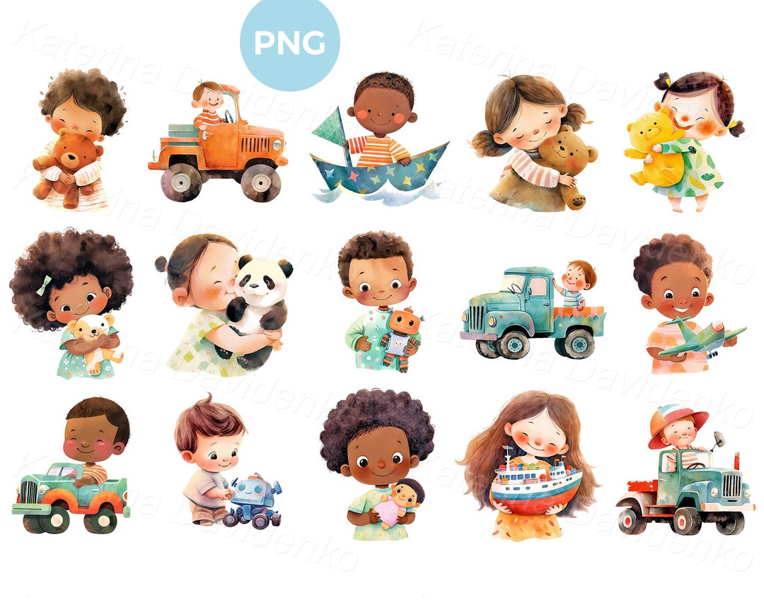 Collection of Cute Little Kids With Different Toys PNG Clipart. Happy ...
