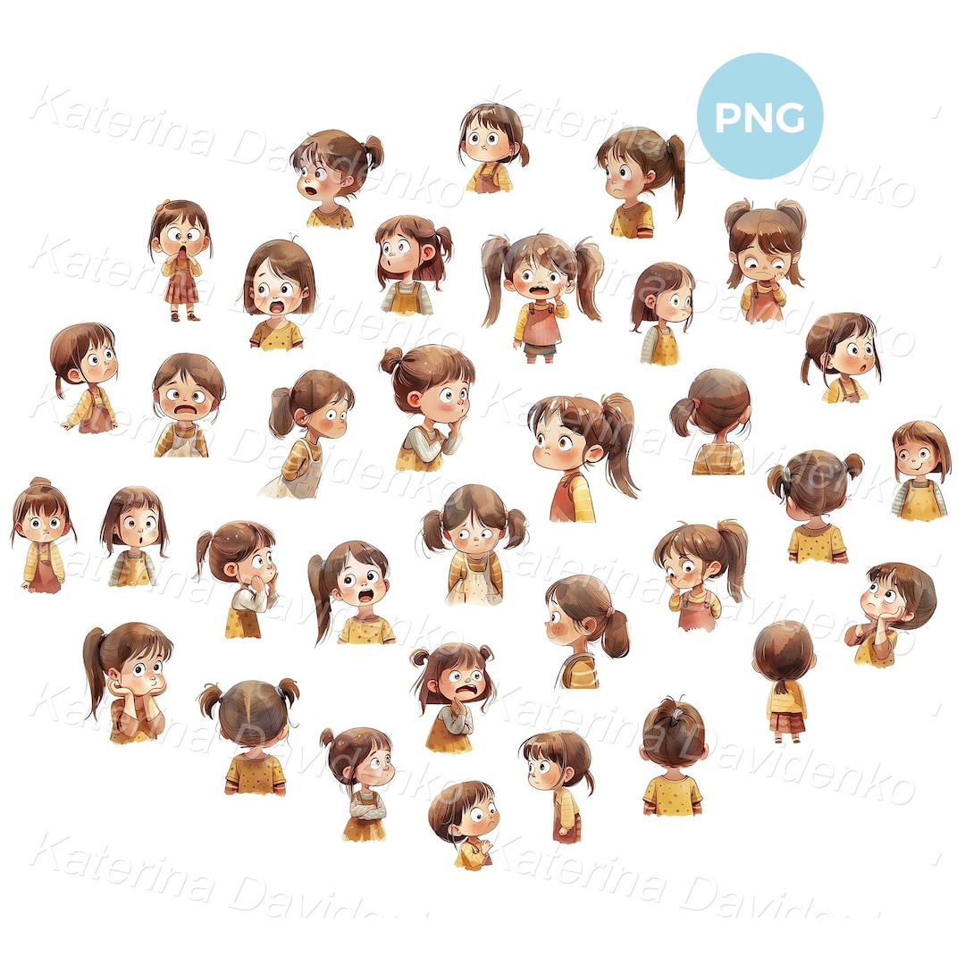 Cute Kids Emotions PNG Clipart Set. Cartoon Girl With Different Facial ...