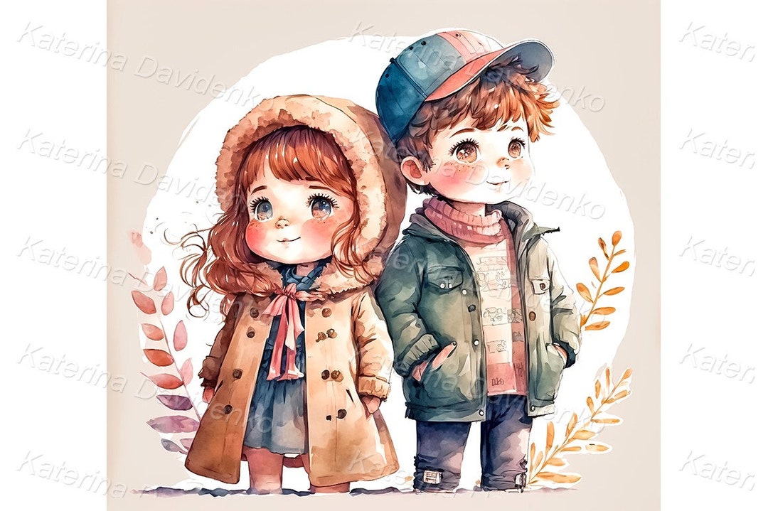 Watercolor Portrait of Cute Children, Boy and Girl, Printable Painting ...