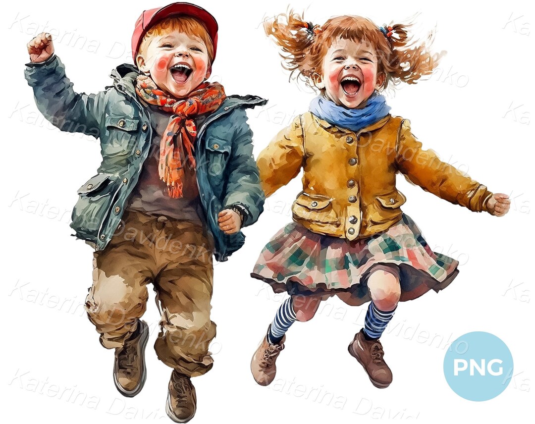 Happy Cheerful Two Kids, Little Boy and Girl, Jumping Together ...