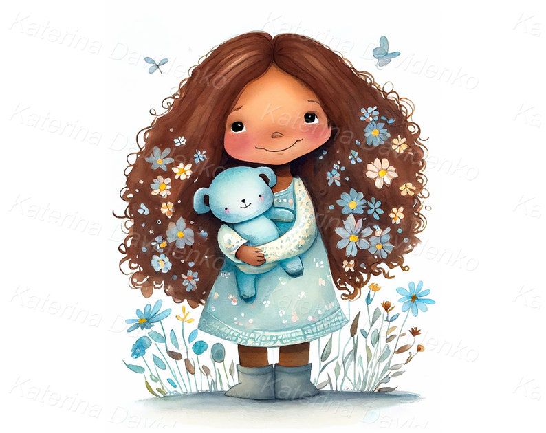 Niña de dibujos animados sonriente abrazando un osito de peluche, fondo ...