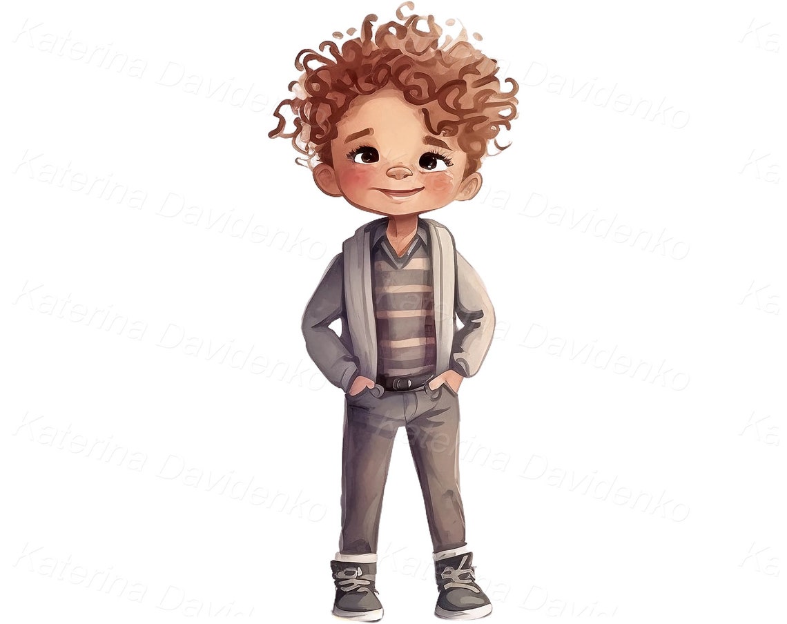 Smiling Cartoon Watercolor Little Kids in Spring Casual Clothes ...