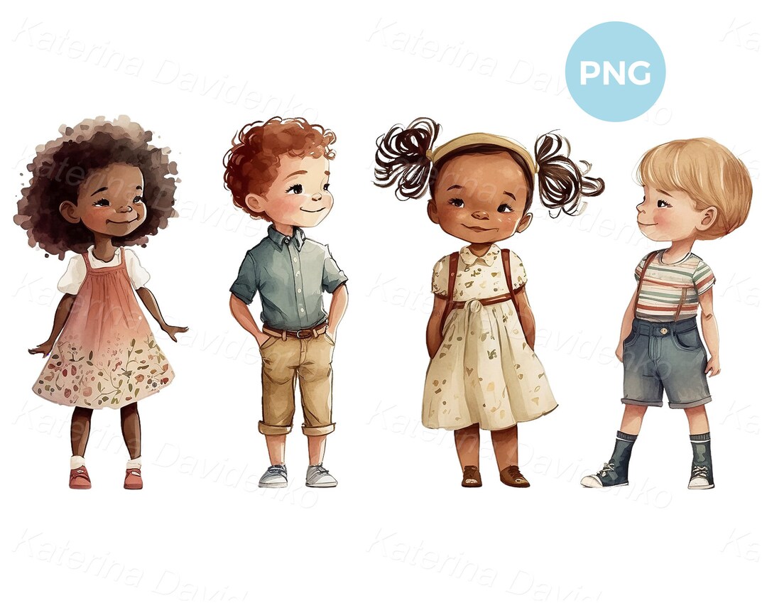Cute Little Preschooler Kids, Isolated Cartoon Watercolor Children in ...
