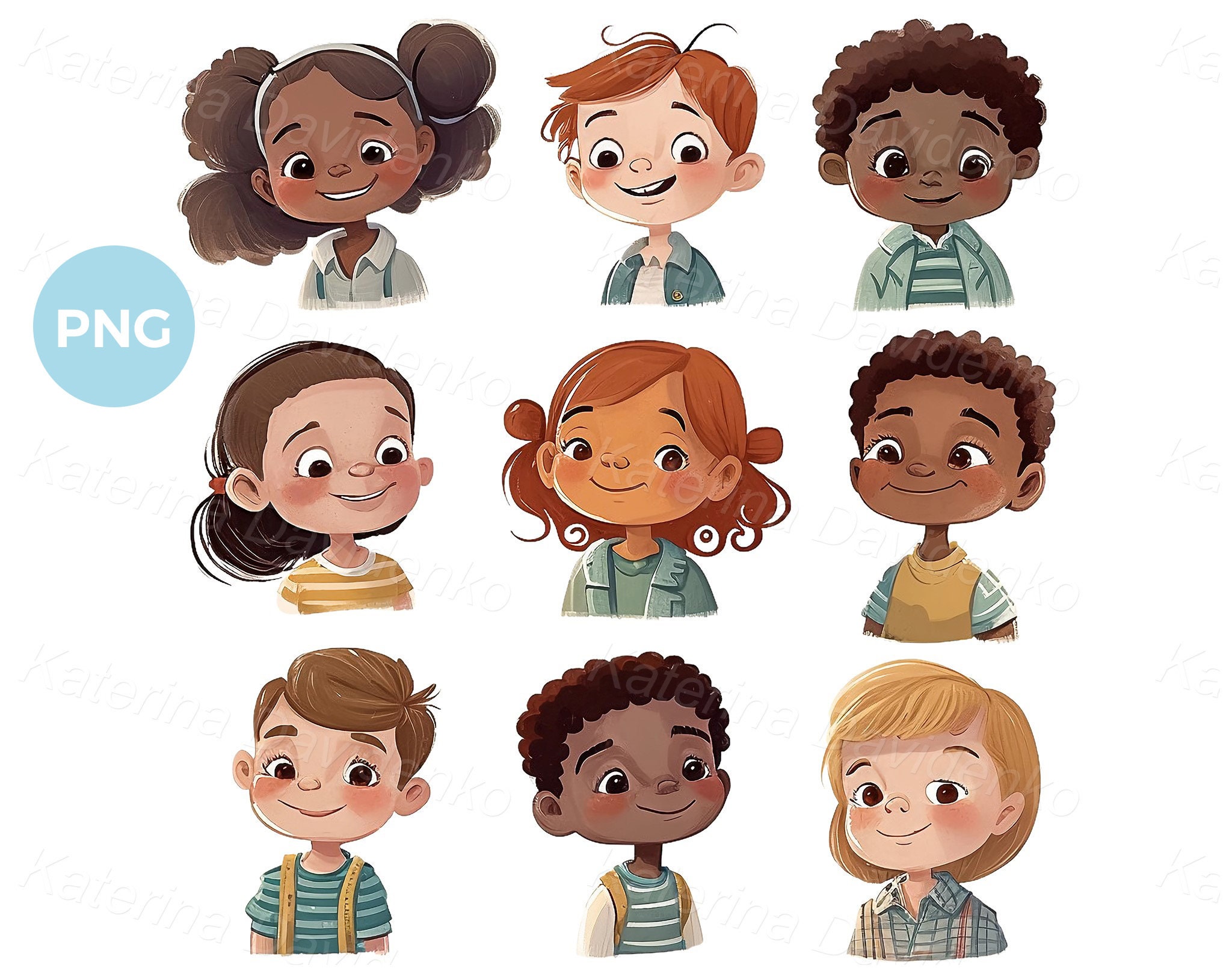 Set of Multiethnic Cartoon Cute Little Boys and Girls, Smiling Kids ...