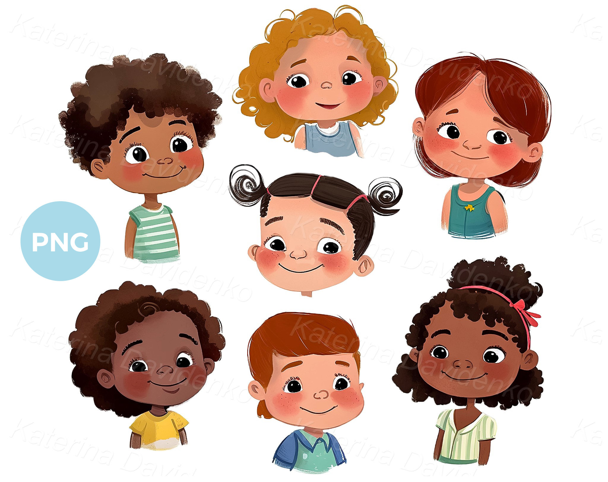 Set of Cartoon Kids Avatars PNG Clipart, Multinational Happy Children ...