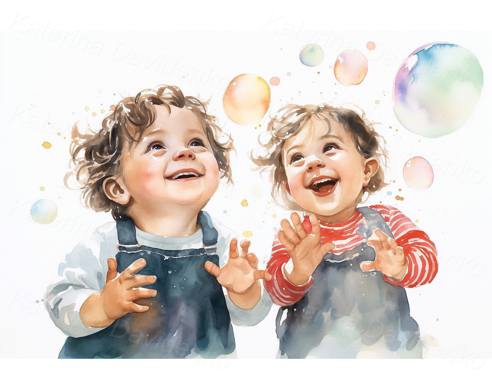 Cute Baby Watercolor Clipart. Two Happy Children Playing With Soap ...