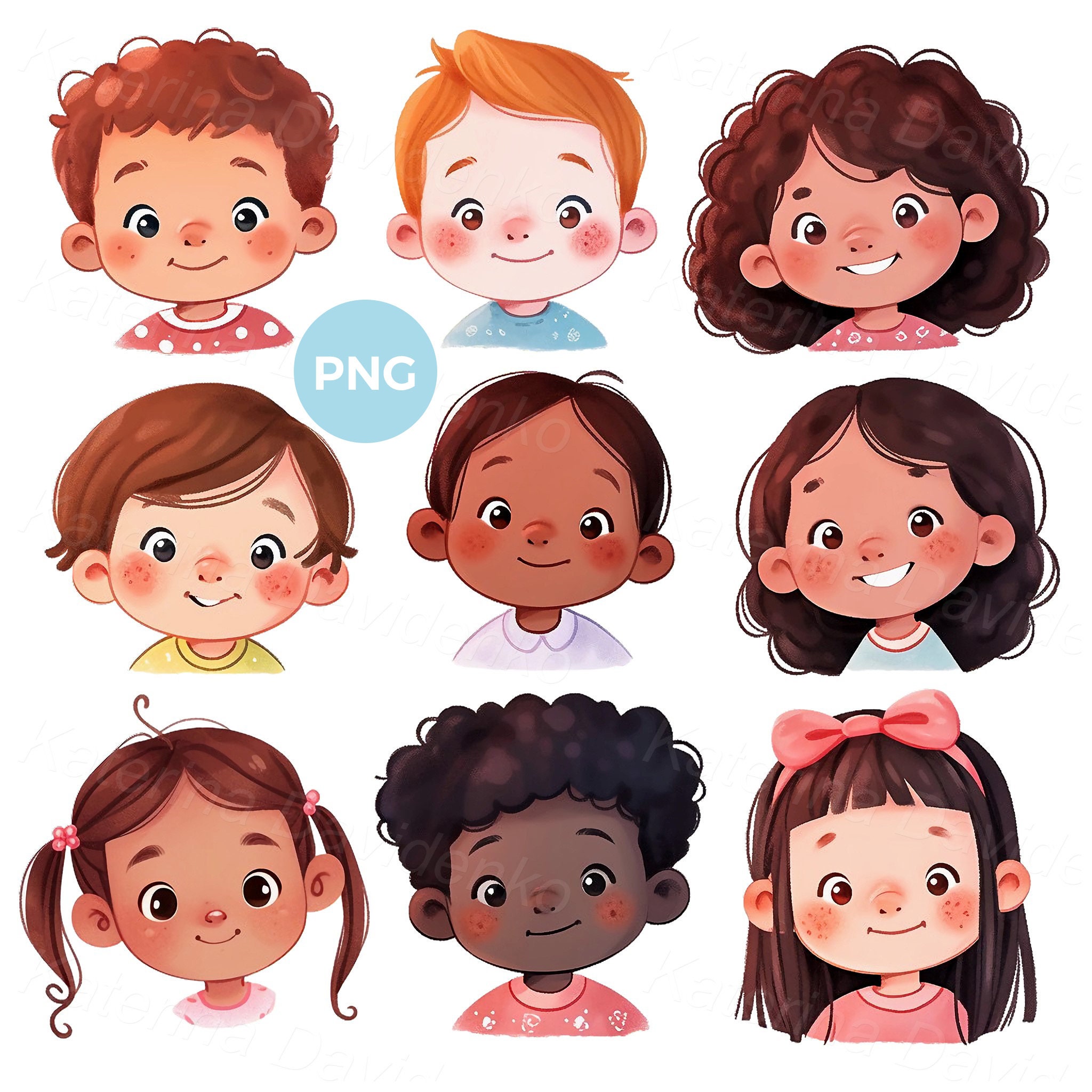 Set of Cartoon Multiethnic Children Faces Png Clipart. Smiling Kids ...