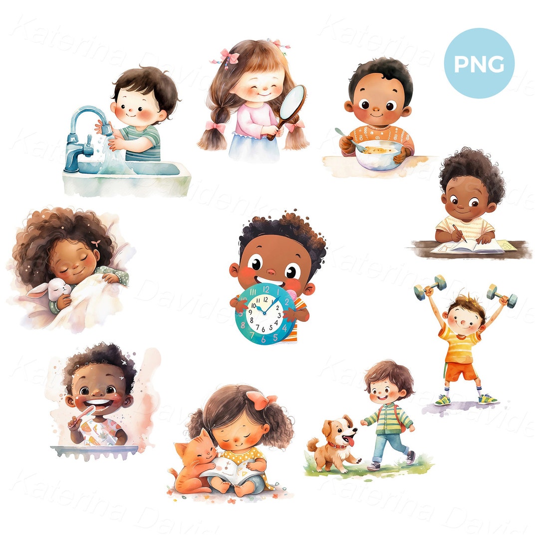 Cute Little Kids Daily Routine, Regime PNG Clipart. Cartoon Children ...
