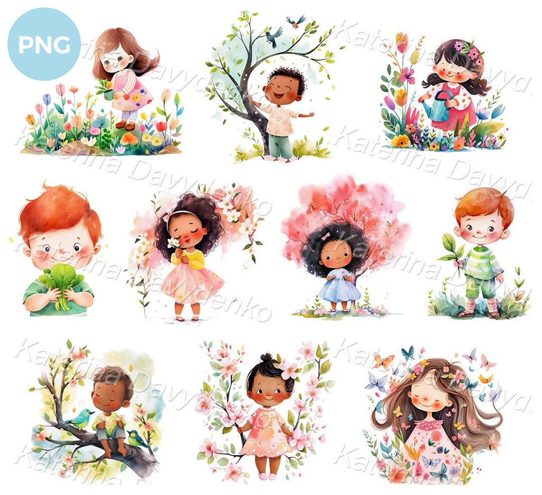 Cartoon Watercolor Spring Clipart Set With Kids. Spring Season ...