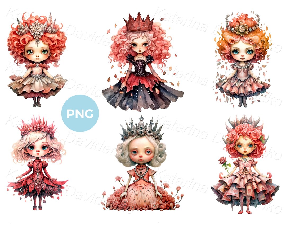 Set of Cartoon Little Princesses With a Crowns, Watercolor Fantasy ...