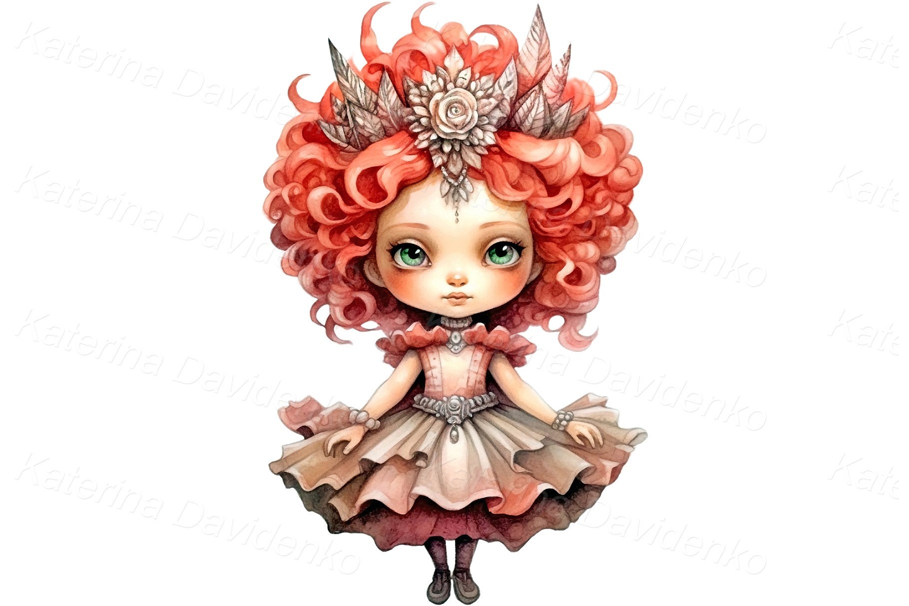 Set of Cartoon Little Princesses With a Crowns, Watercolor Fantasy ...
