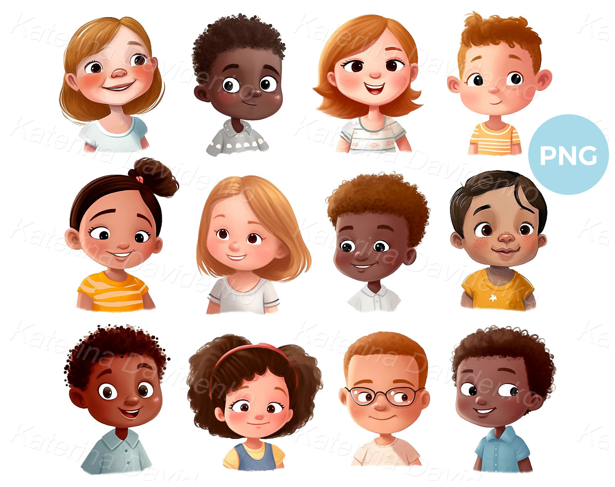 Collection of Cute Cartoon Kids Avatars PNG Clipart. Children's Faces ...