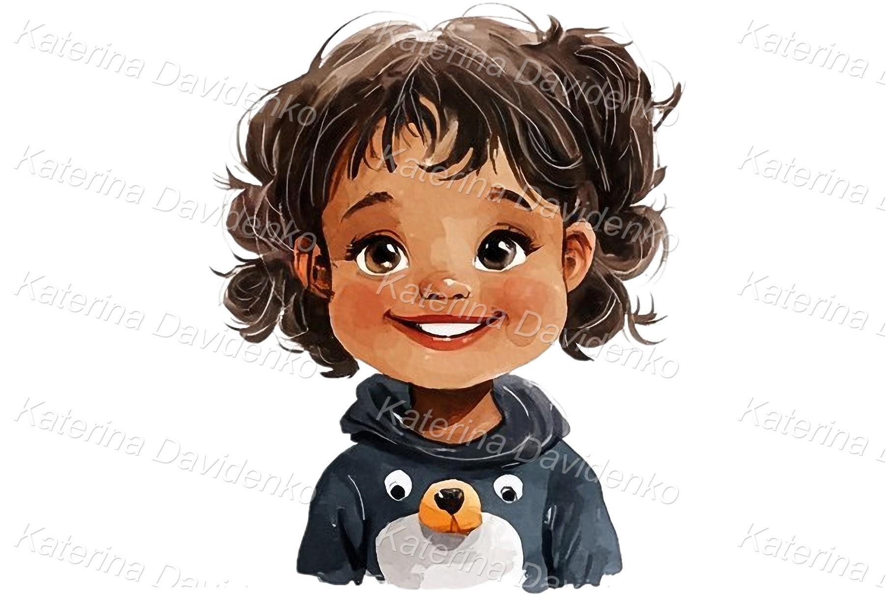 Collection of Watercolor Cartoon Happy Kids Faces Clipart, Smiling ...