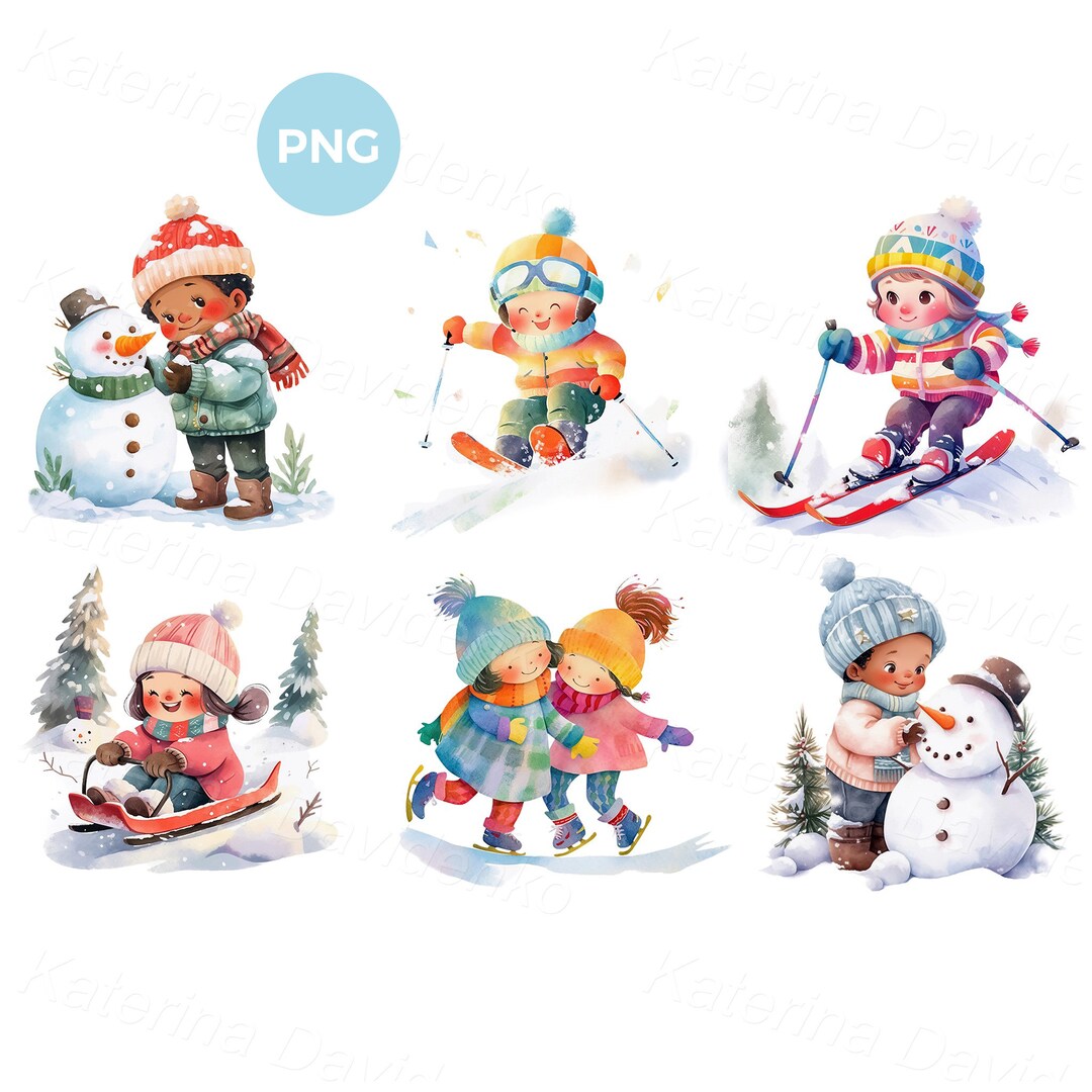 Cartoon PNG Clipart Set Happy Kids Winter Outdoor Activities Watercolor ...