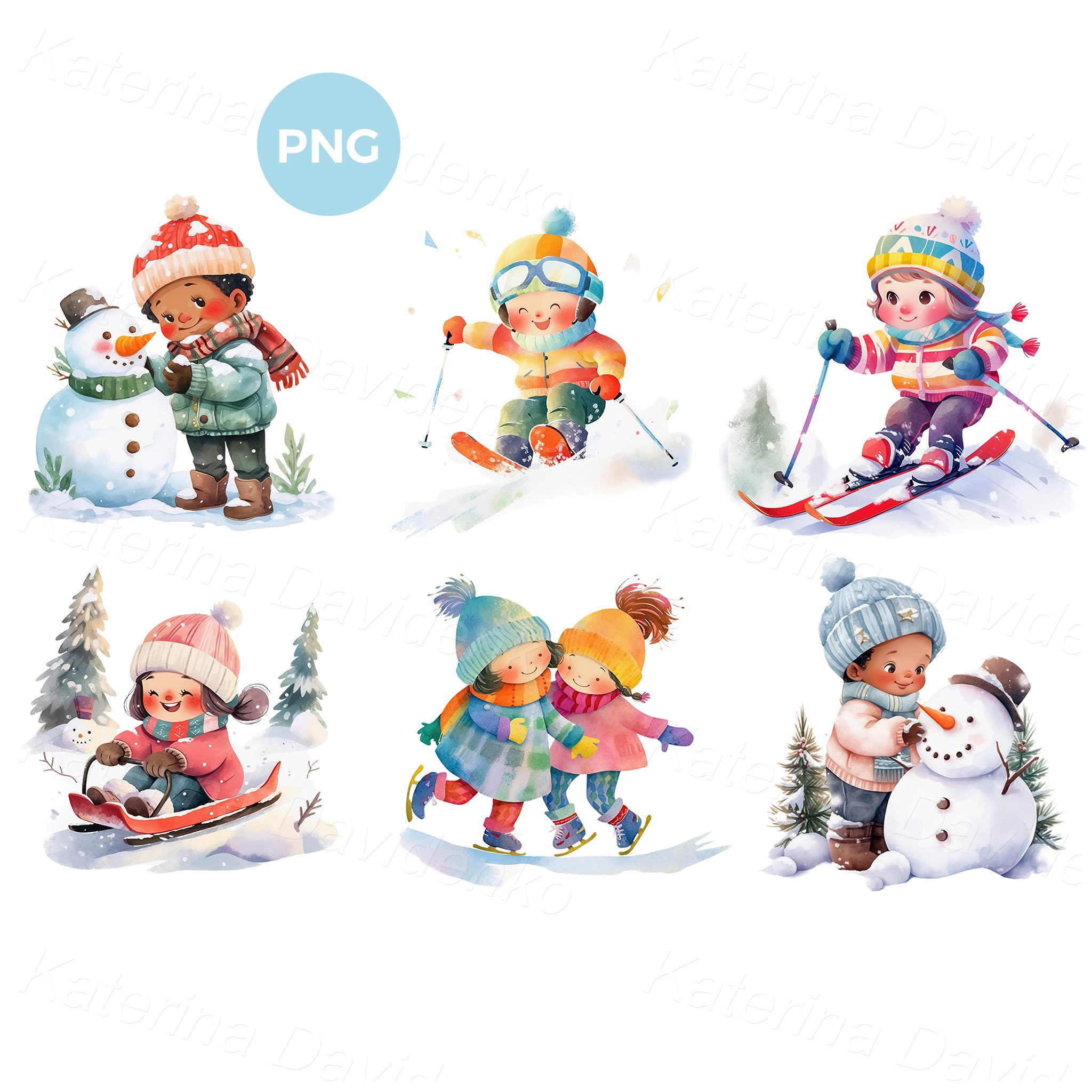 Cartoon PNG Clipart Set Happy Kids Winter Outdoor Activities Watercolor ...