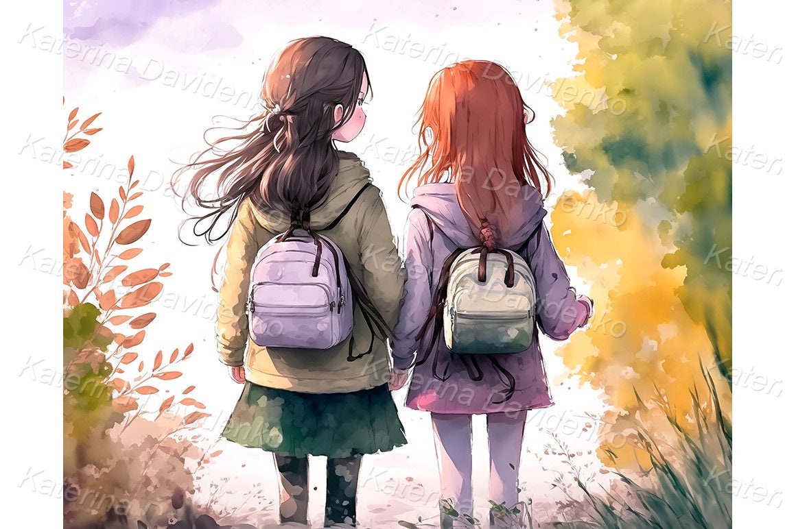 Anime School Girls Back View Going on an Autumn Walkway - Etsy