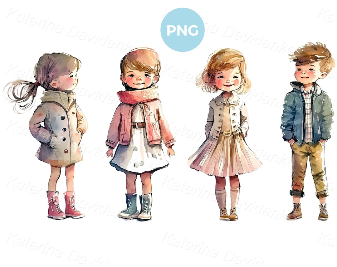 Watercolor Illustration. Cartoon Fashion Kids Standing in a Row ...