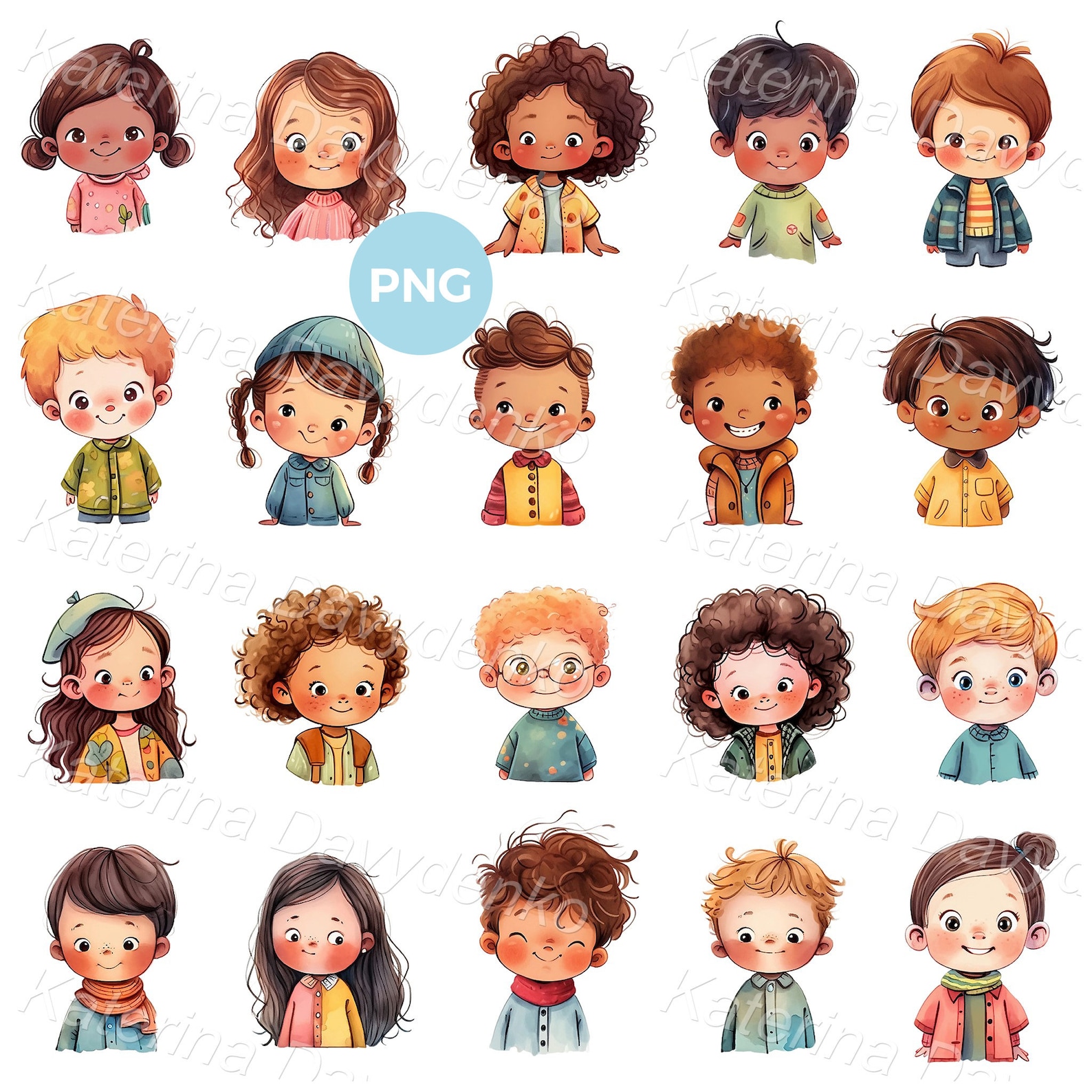 Cute Happy Cartoon Kids Faces Pictures Children Avatars PNG Clipart Set ...