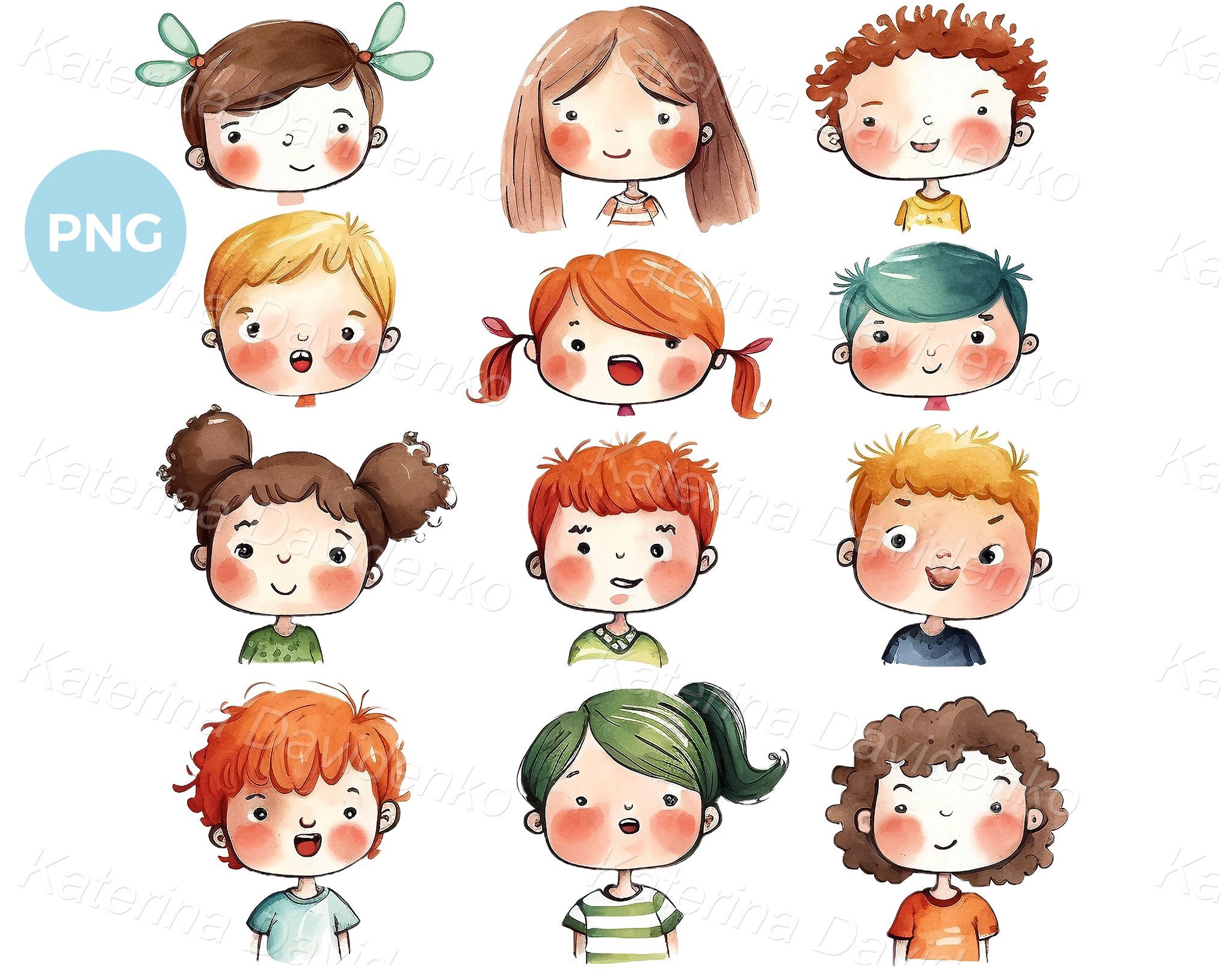 Set of Watercolor Cute Cartoon Kids Faces With Different Emotion ...