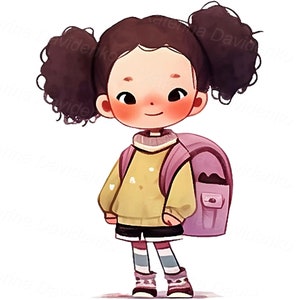 Set of Cartoon Multinational Schoolgirls With Backpacks. Cute Little ...