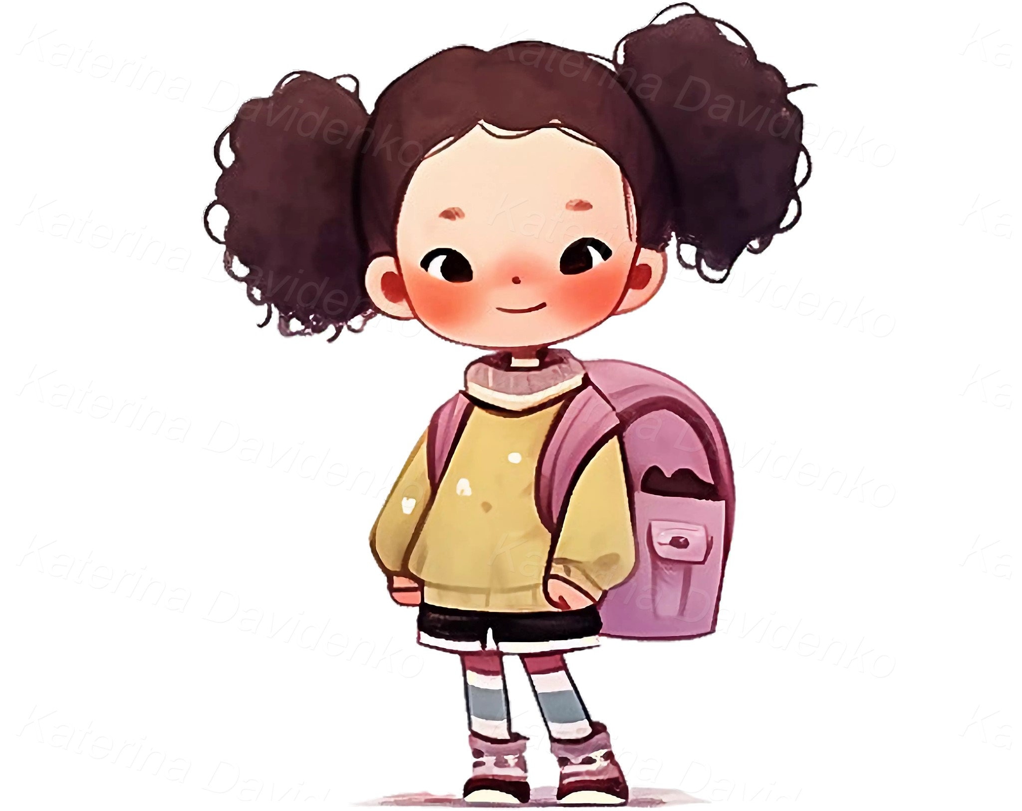 Set of Cartoon Multinational Schoolgirls With Backpacks. Cute Little ...